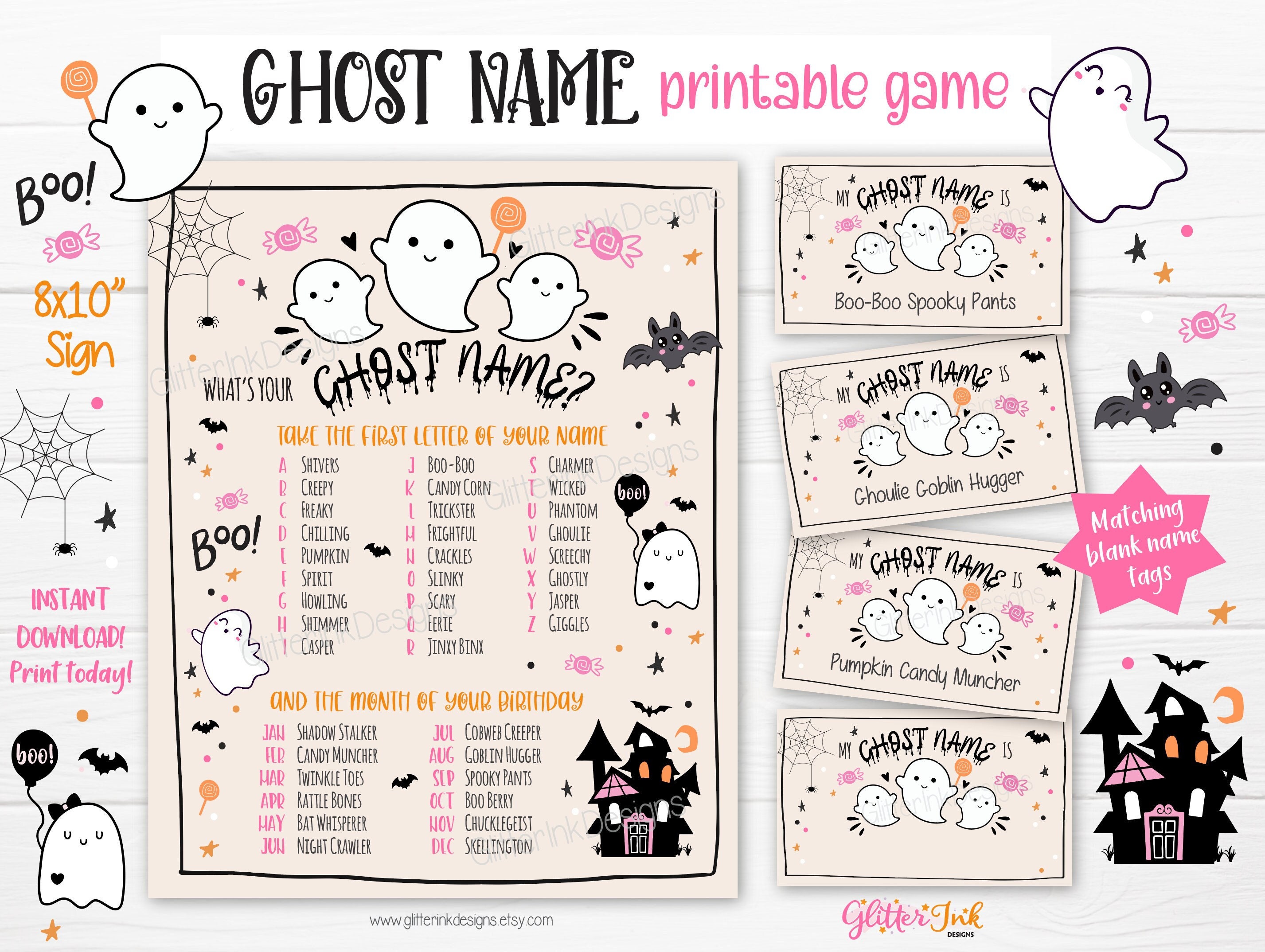 What's Your Ghost Name Game Printable Sign With Name Tags & Cards, Cute ...