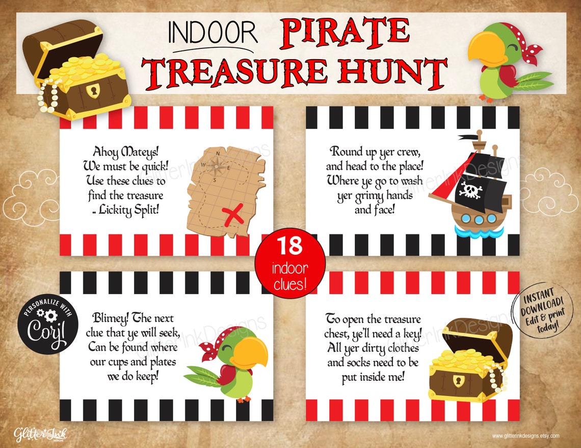 Indoor Pirate Treasure Hunt Clues for Kids With Rhyming Riddles, Pirate ...
