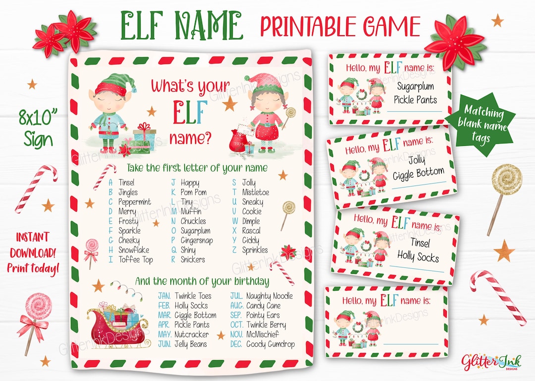 What's Your Elf Name Party Game / Elf Sign, Name Tags & Name Cards ...
