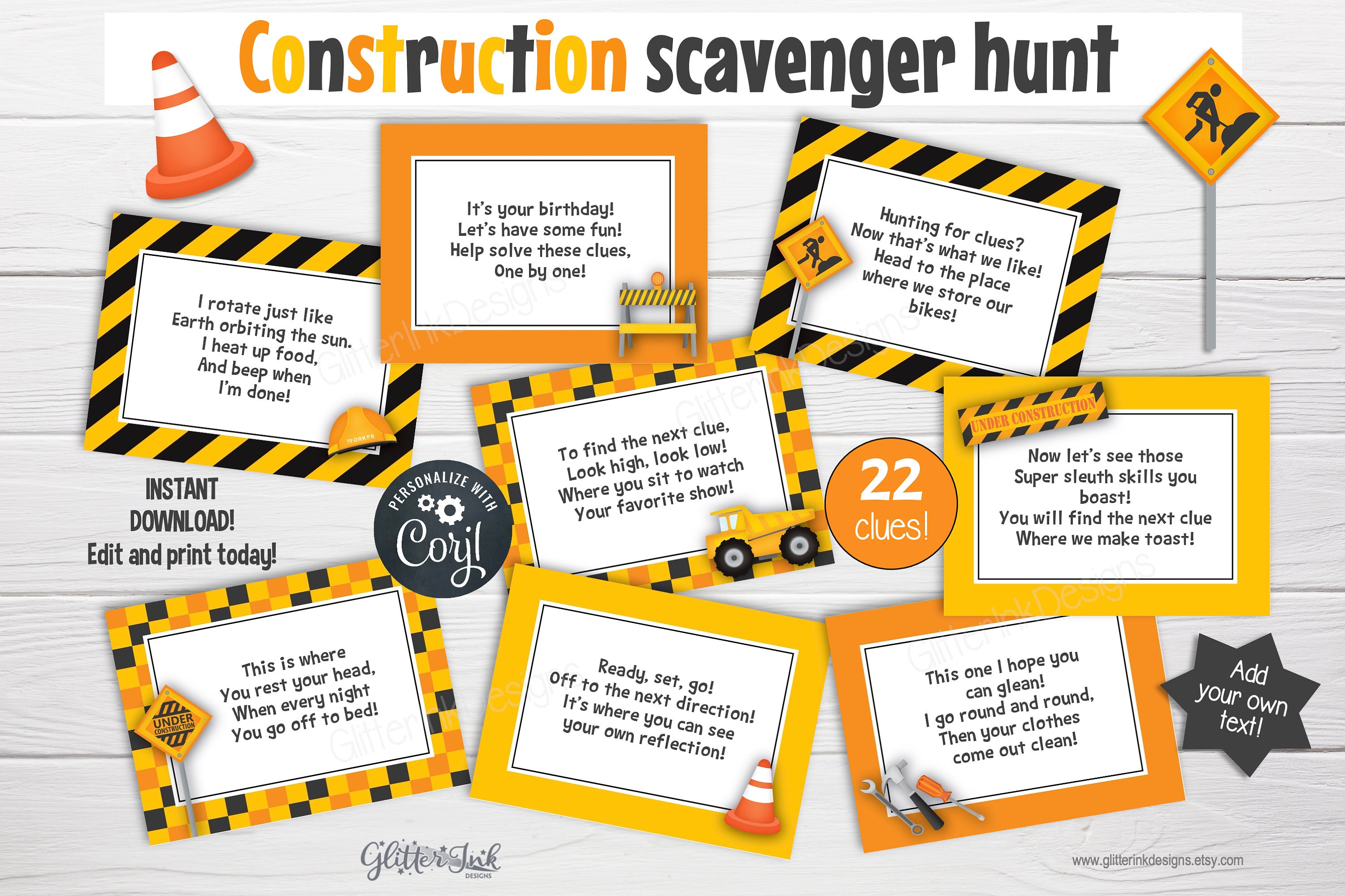 Construction Party Scavenger Hunt Printable Clue Cards, Under ...