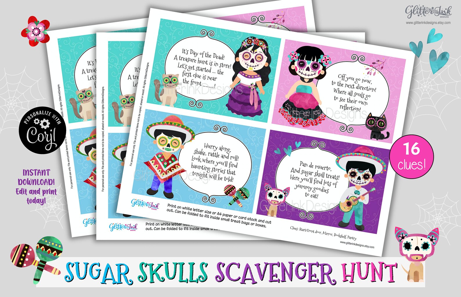 Day of the Dead Scavenger Hunt Clue Cards / Dia De Los Muertos Sugar ...