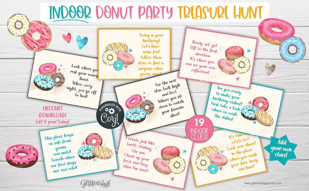 Donut Birthday Indoor Scavenger Hunt Clue Cards / Donut Party Kids ...