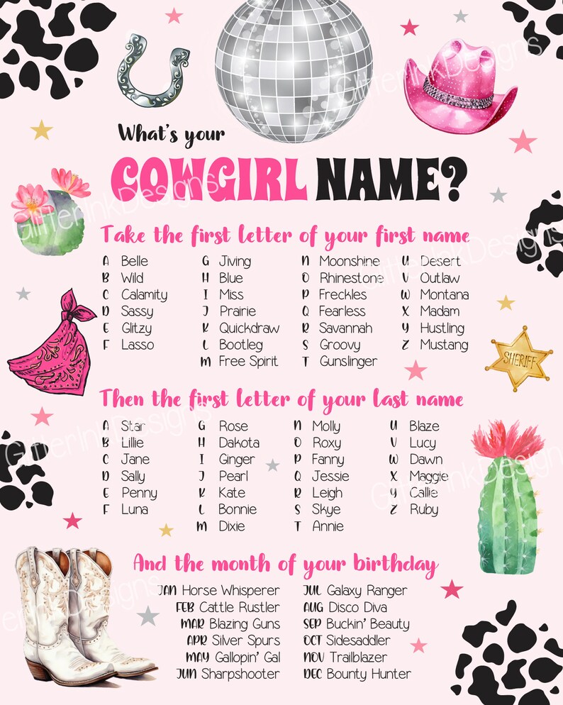 What's Your Space Cowgirl Name Printable Party Game, Pink Disco Decor ...