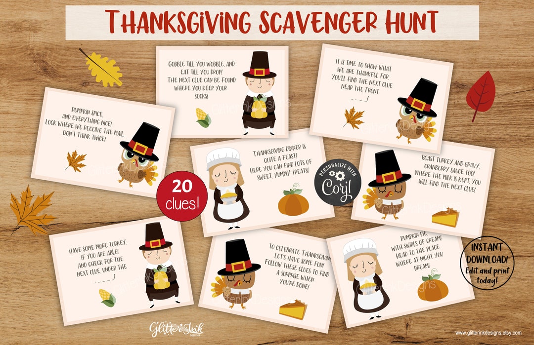 Thanksgiving Scavenger Hunt Clue Cards / Thanksgiving Treasure Hunt ...
