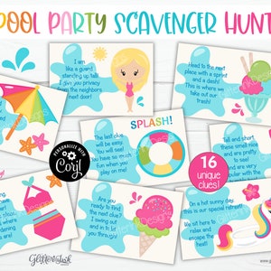 Summer Themed Pool Party Printable Scavenger Hunt Clue Cards, Tropical ...