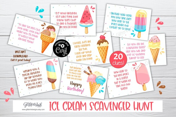 Ice cream party treasure hunt clues / Ice cream birthday scavenger hunt ...