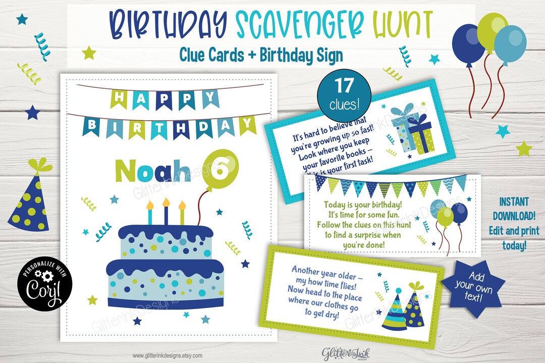 Birthday Party Scavenger Hunt Clue Cards & Sign / Birthday Treasure ...