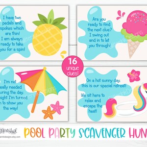 Summer Themed Pool Party Printable Scavenger Hunt Clue Cards, Tropical ...