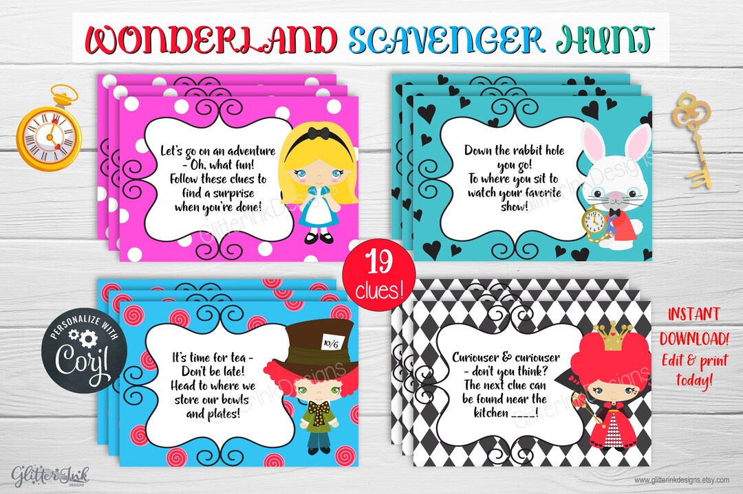 Alice in Wonderland Scavenger Hunt Clue Cards / Mad Hatter Tea Party ...