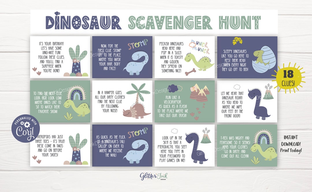 Dinosaur Scavenger Hunt Party Game Clue Cards, Roar Adventure Treasure ...