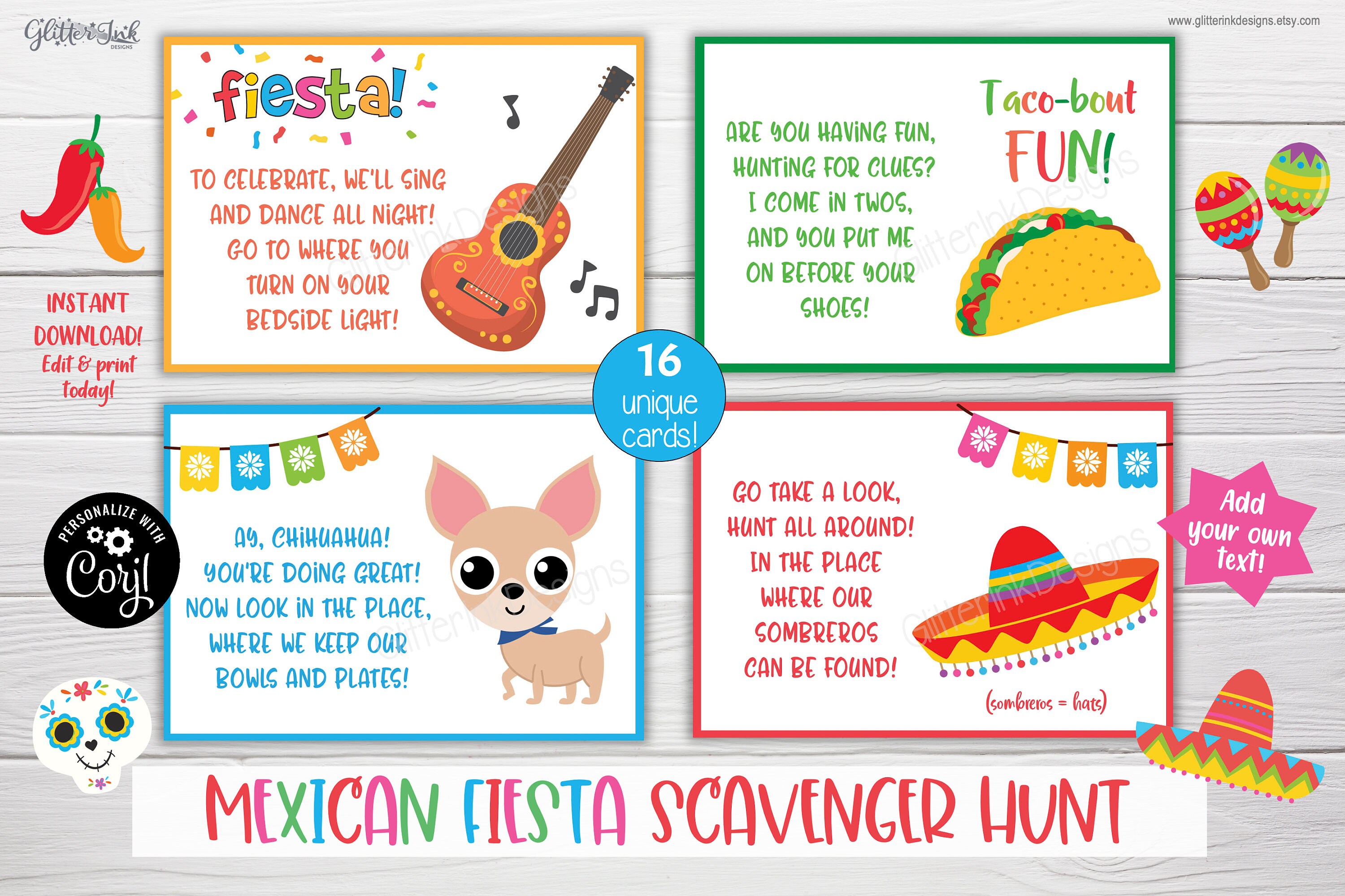 Mexican Birthday Scavenger Hunt Clues for Kids, Fiesta Printables Taco ...