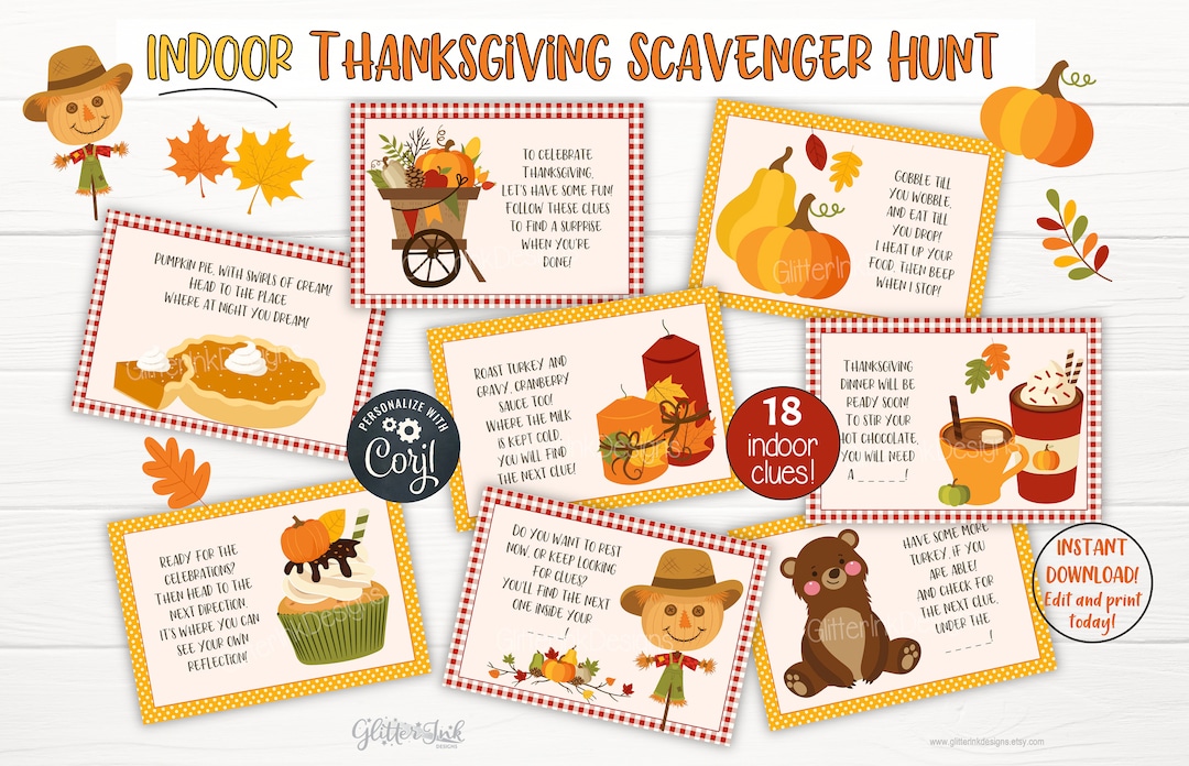 Indoor Thanksgiving Scavenger Hunt Clue Cards / Thanksgiving Treasure ...