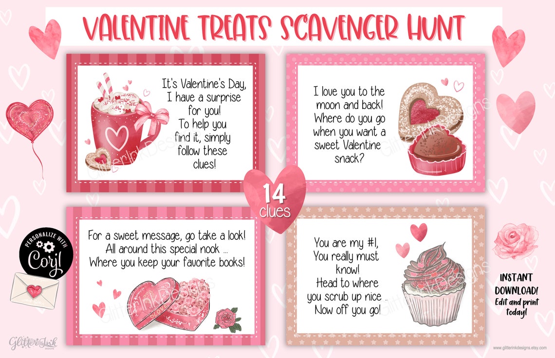 Valentine's Day Scavenger Hunt Clue Cards / Valentines Day Treasure ...
