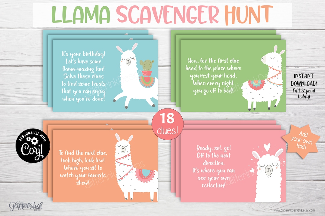 Llama Scavenger Hunt Clue Cards / Llama Party Treasure Hunt Clues for ...