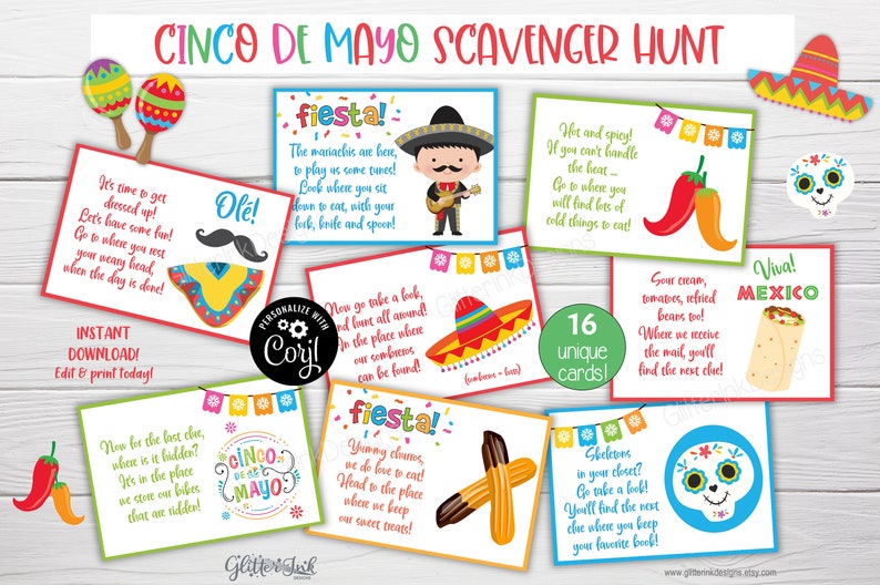 Cinco De Mayo Scavenger Hunt Clue Cards, Mexican Fiesta Birthday Party ...