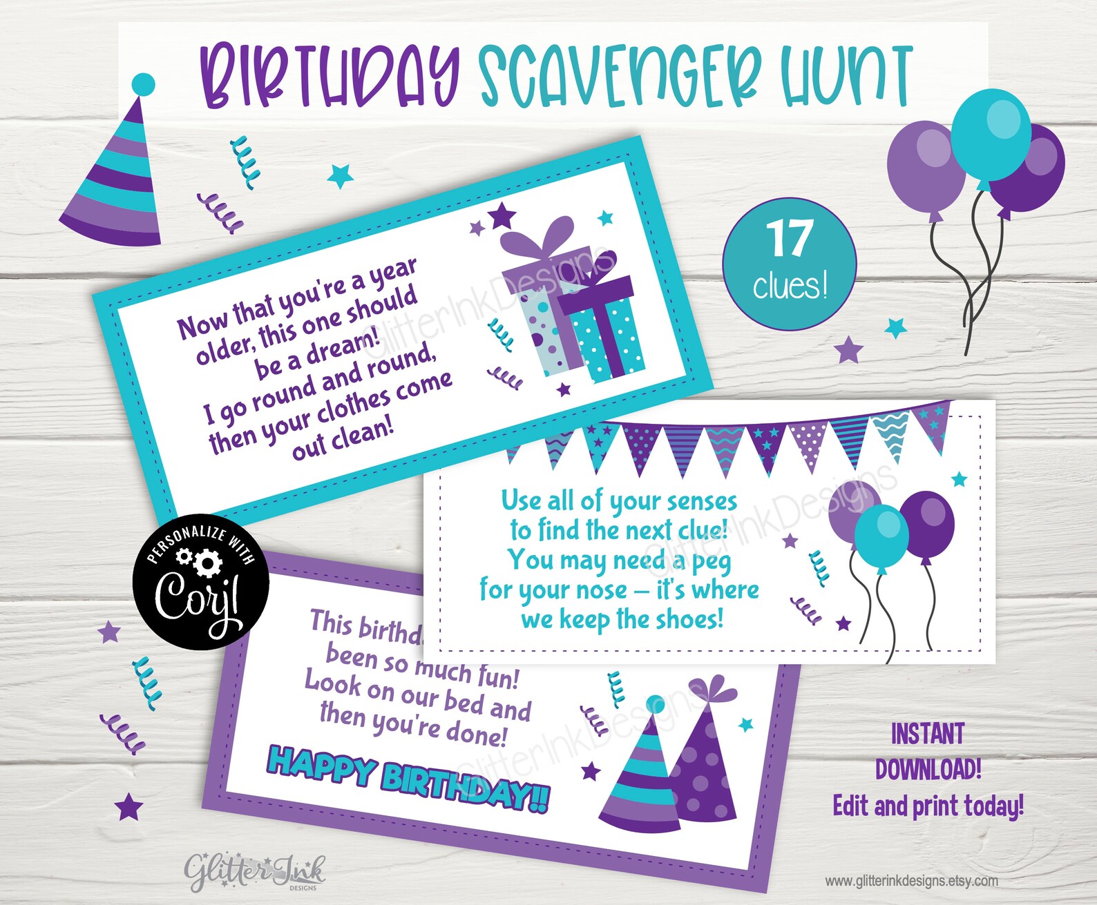 Birthday Scavenger Hunt Clue Cards / Birthday Party Treasure Hunt Clues ...
