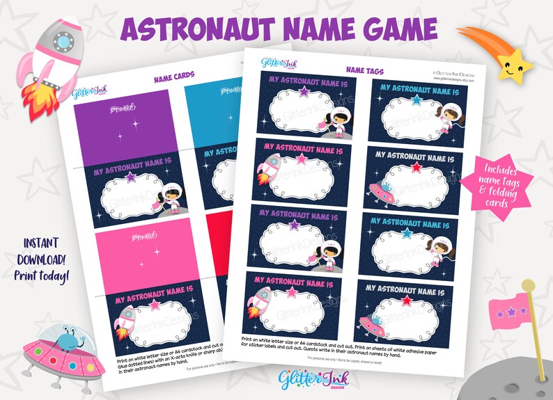 Girl Astronaut Name Game / Printable Outer Space Party Game / Rocket ...