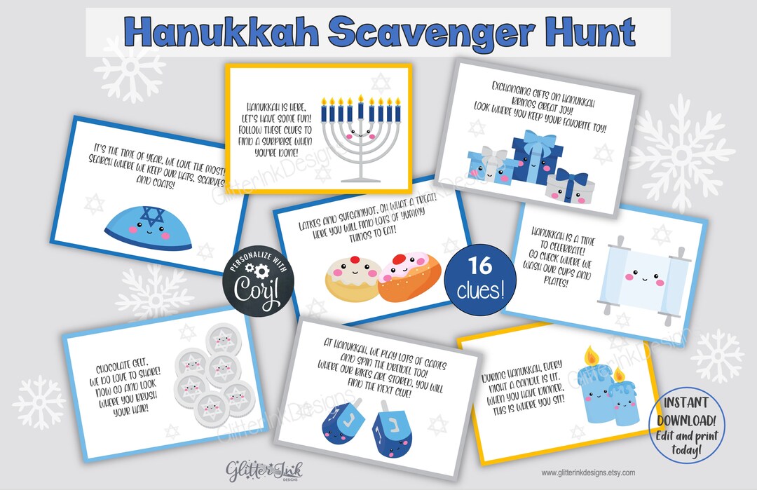 Hanukkah Scavenger Hunt Clue Cards, Jewish Festival of Lights Treasure ...