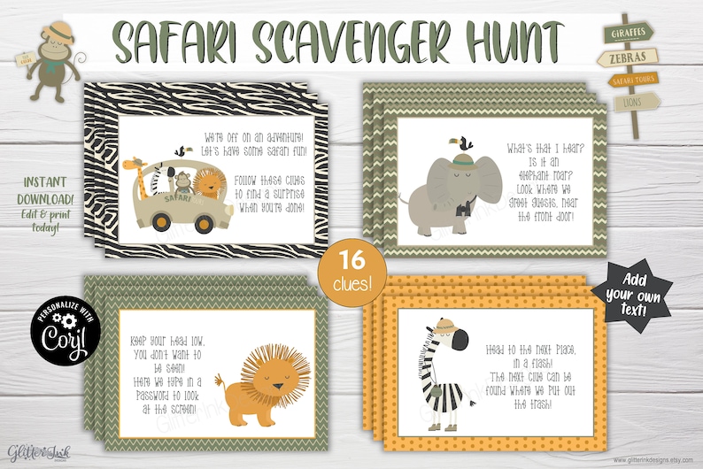 Jungle Safari Printable Scavenger Hunt Clue Cards, Animals First ...