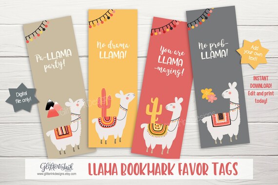 Llama party bookmark favor / Llama party favors / Llama birthday ...