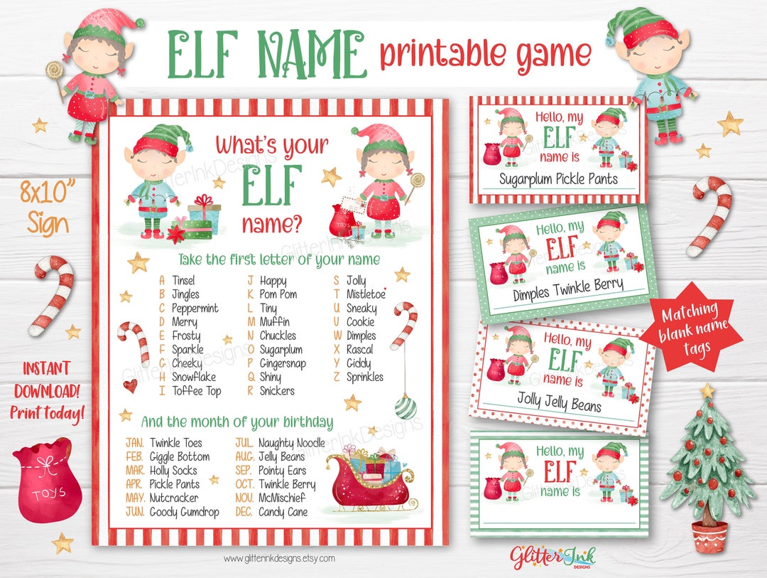 What's Your Elf Name Game Printable Sign, Name Tags and Cards ...