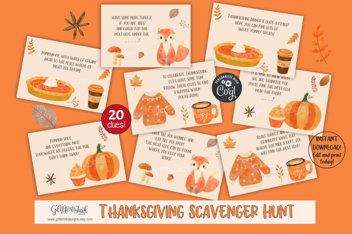 Thanksgiving Scavenger Hunt Clue Cards / Thanksgiving Treasure - Etsy
