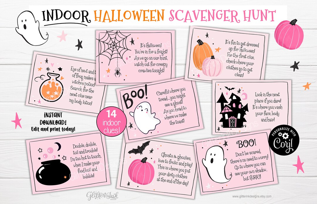 Indoor Halloween Scavenger Hunt / Kids Halloween Treasure Hunt Clues ...