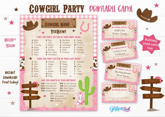 What's your Cowgirl name printable party game / Wild West party sign ...