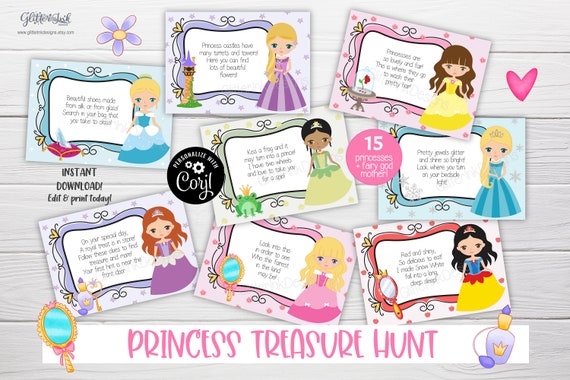 Princess scavenger hunt printable clue cards / Princess birthday ...