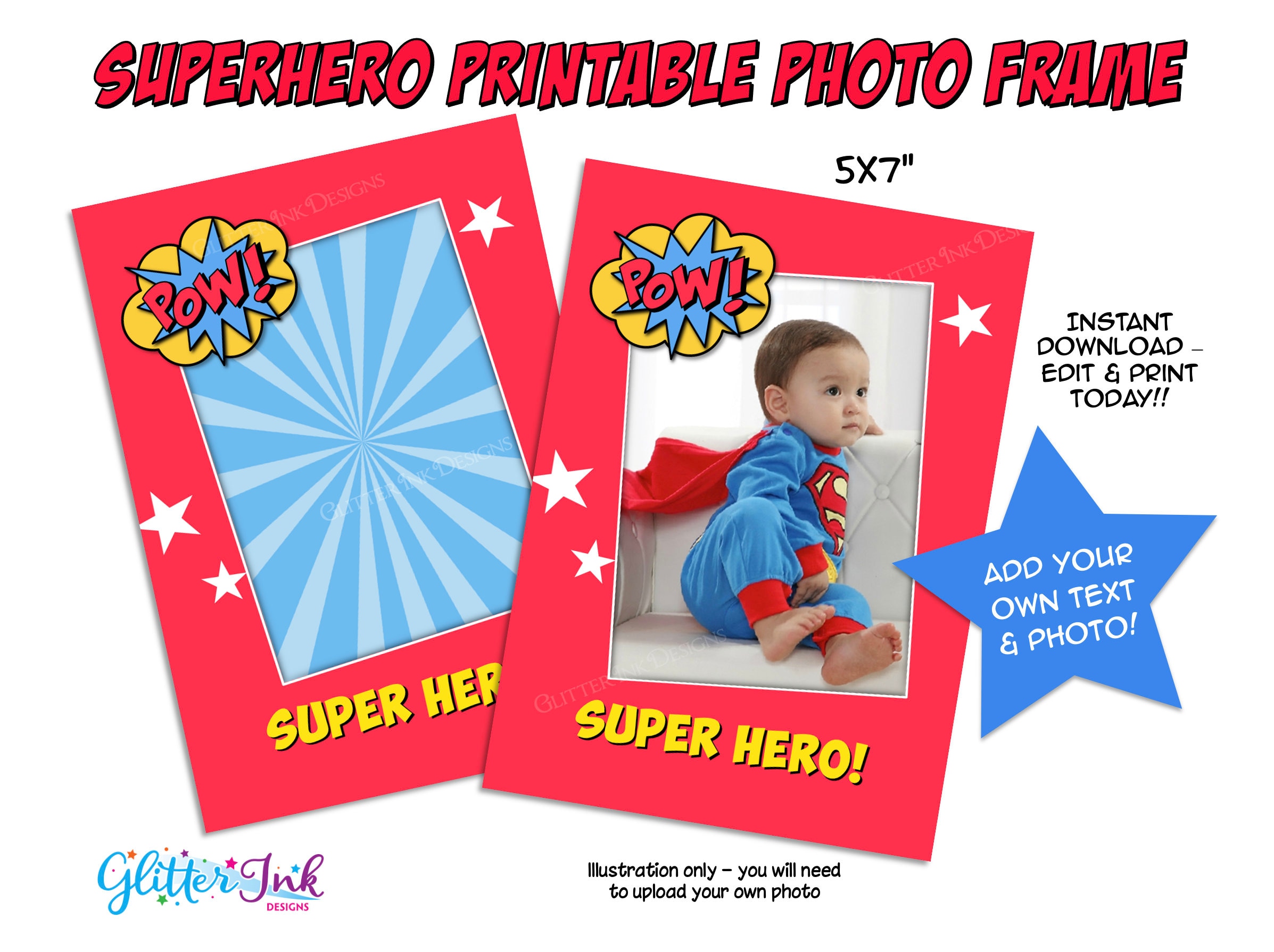 Super Hero Photo Frame Thank You Card Party Favors, Superhero Printable ...
