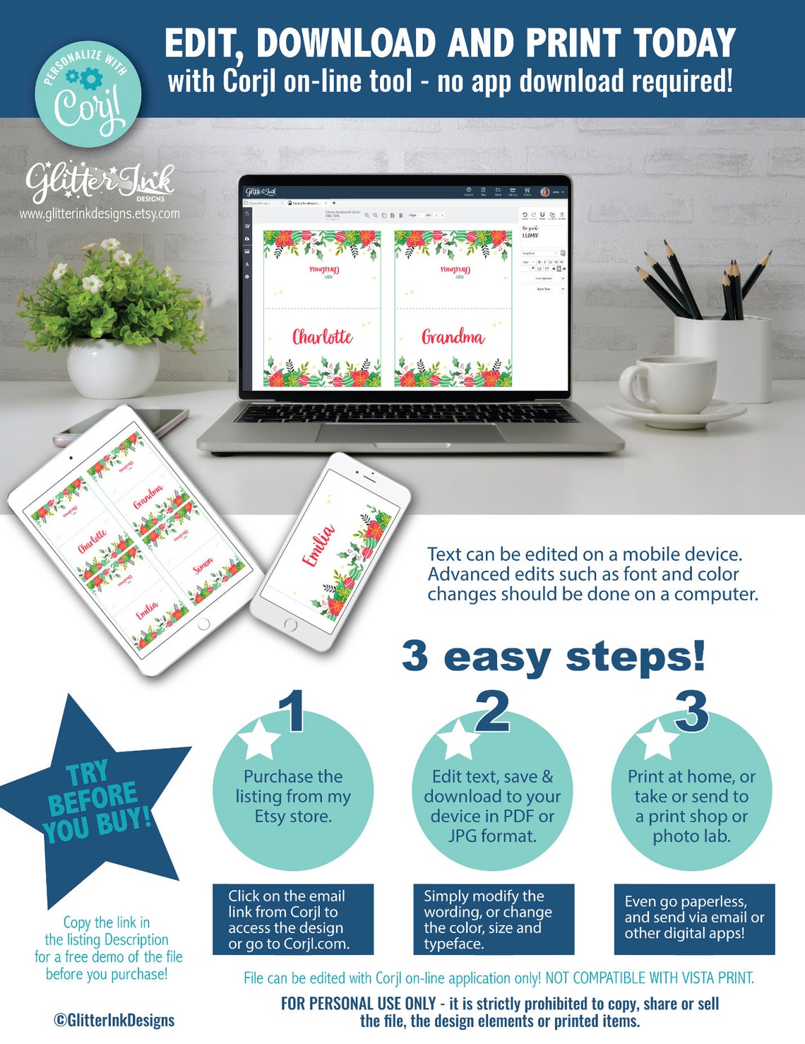 Christmas Table Printable Place Settings / Christmas Decor | Etsy