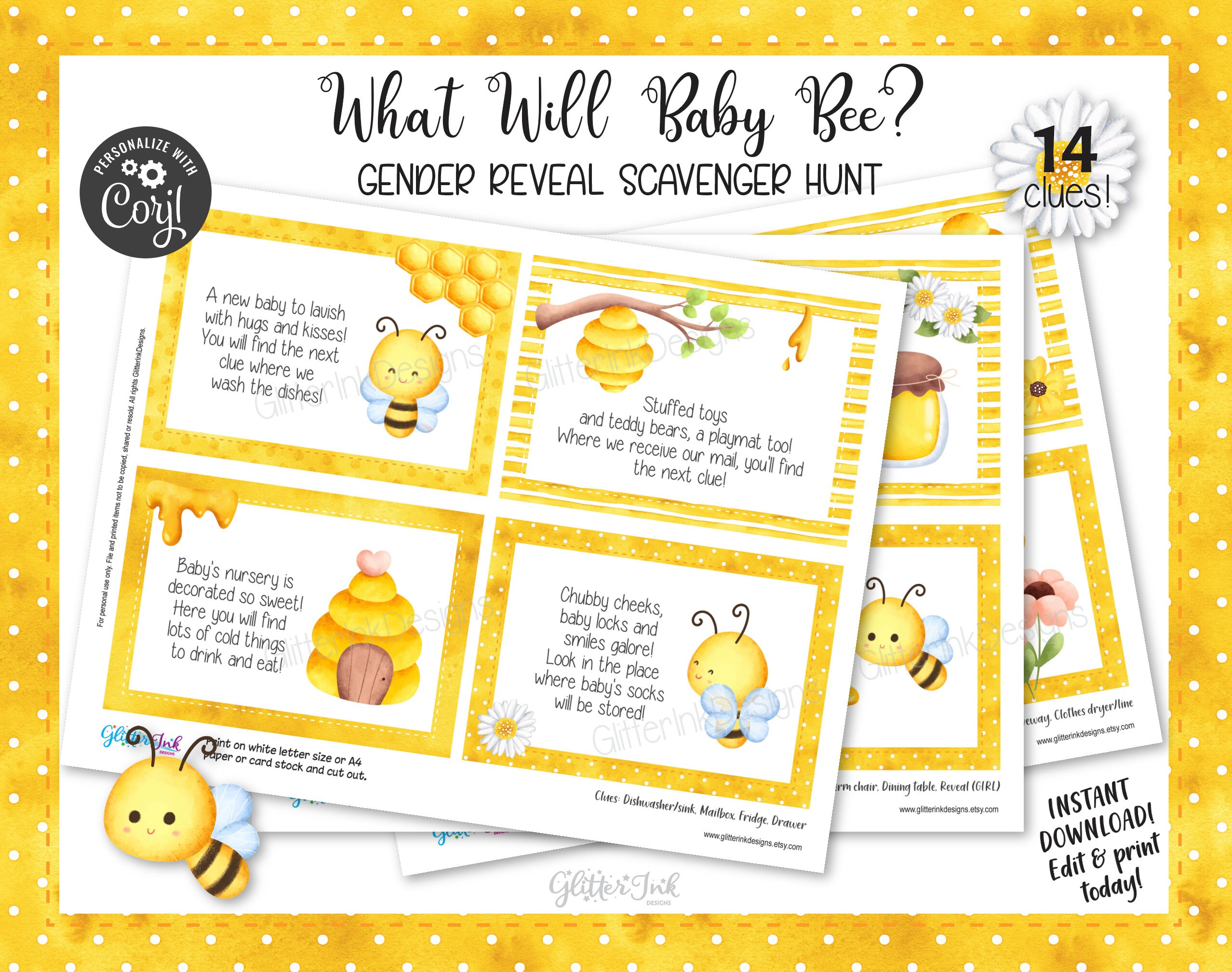 What Will Baby Bee? Gender Reveal Scavenger Hunt Clue Cards for Baby ...