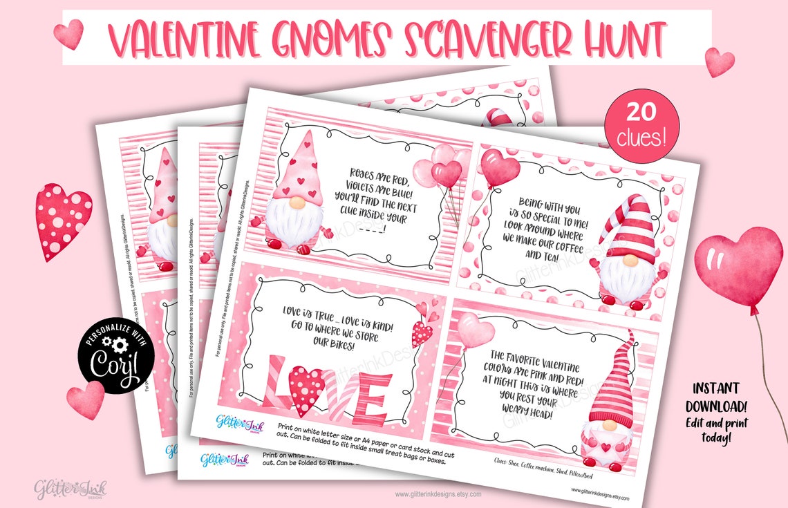 Valentine's Day Scavenger Hunt Clue Cards / Valentines Day Treasure ...