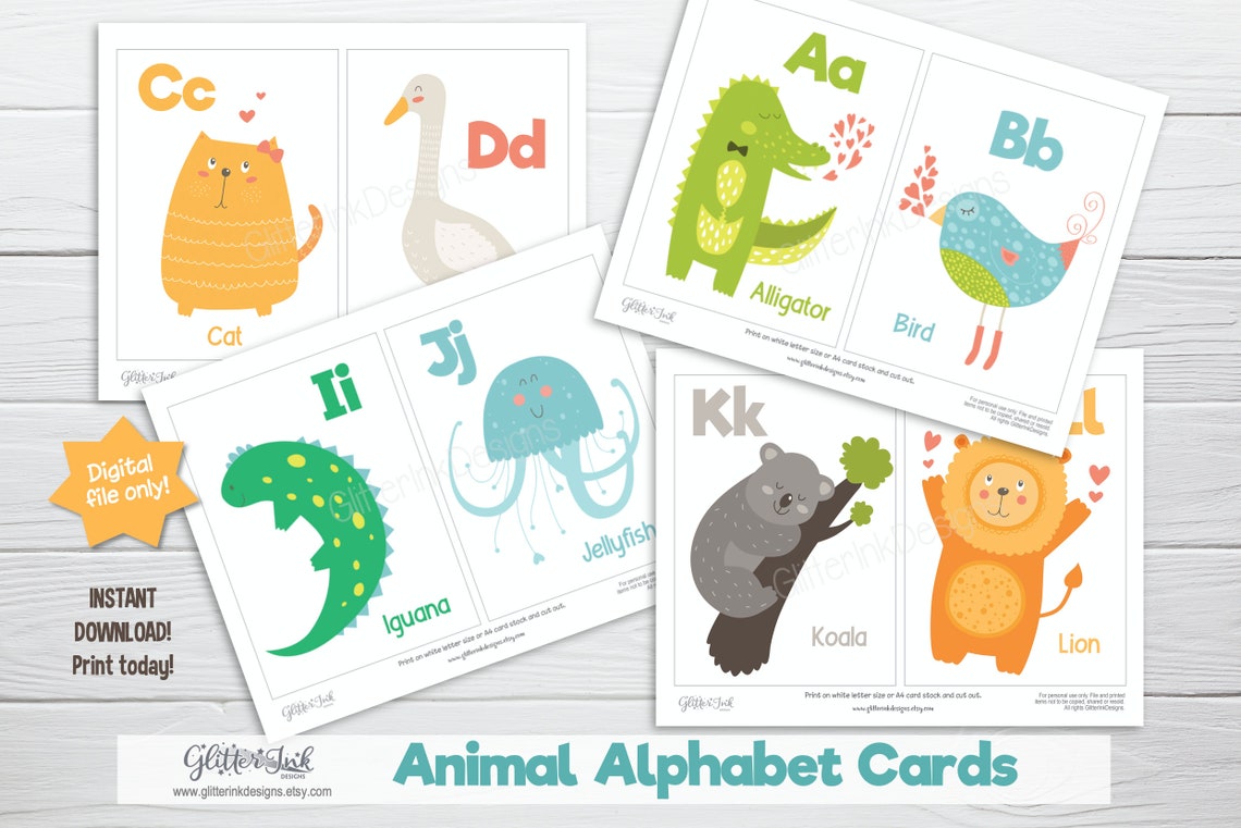 Animal Alphabet Flash Cards ABC Animal Flash Cards Nursery | Etsy