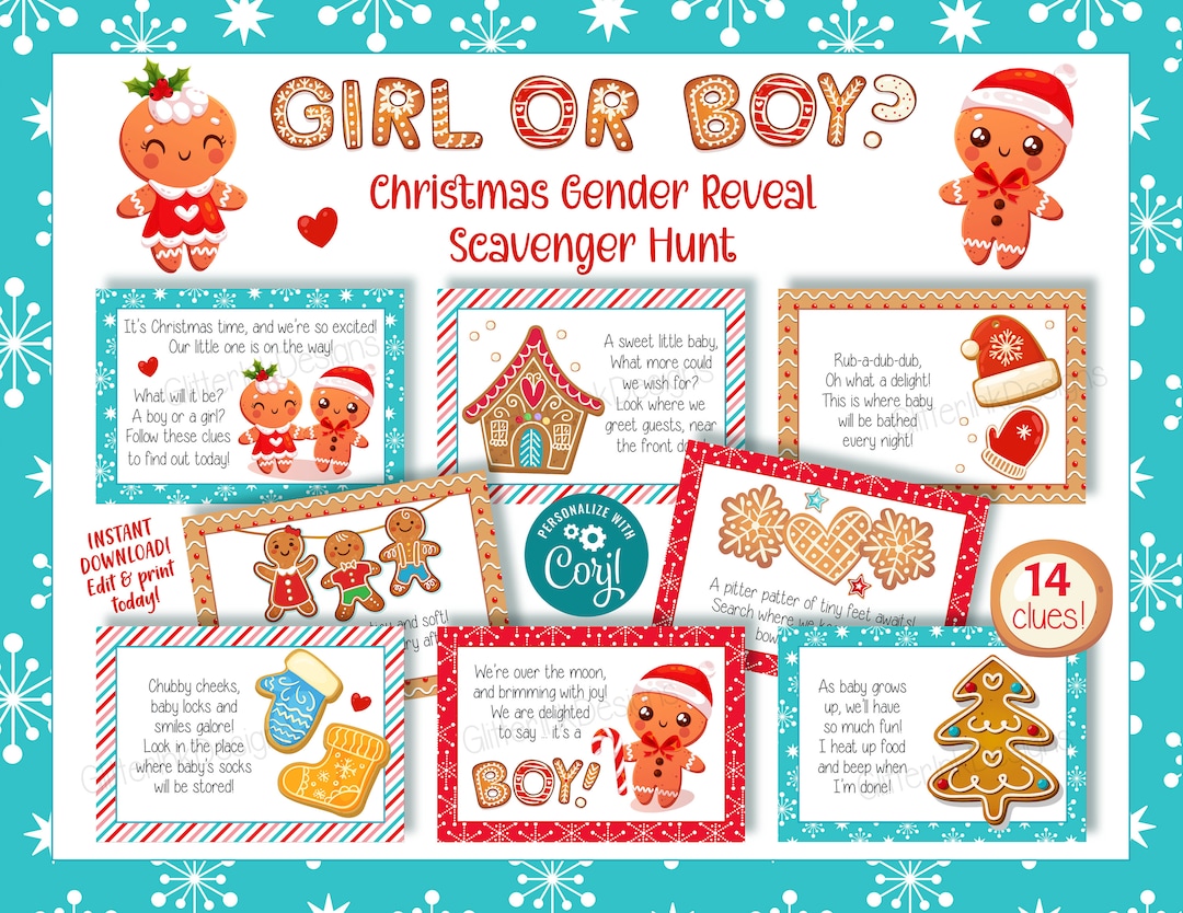 Gingerbread Gender Reveal Scavenger Hunt Clue Cards, Christmas Baby ...