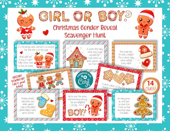 Gingerbread gender reveal scavenger hunt clue cards / Christmas ...