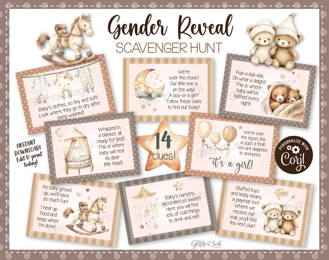 Gender Reveal Scavenger Hunt Clue Cards for Baby Shower Party Games ...