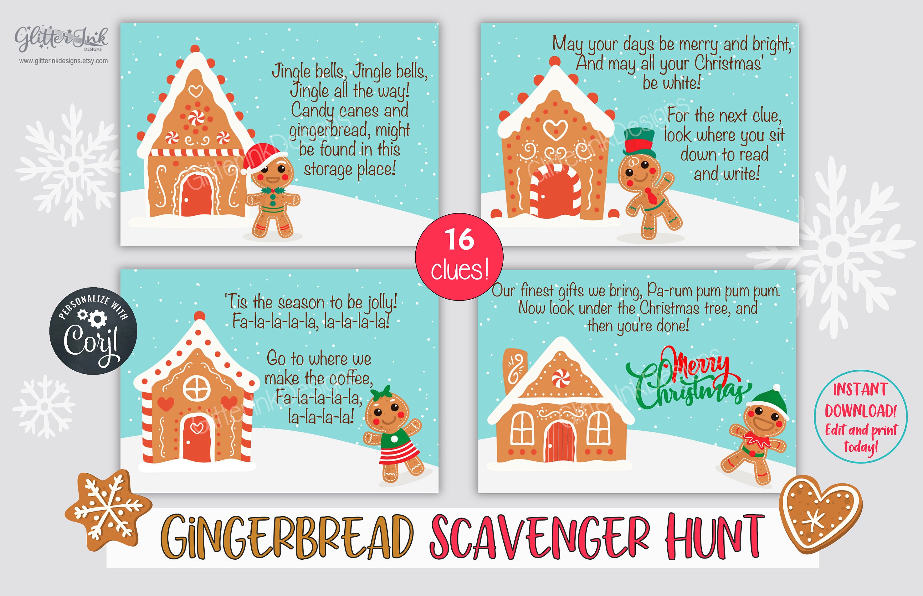 Gingerbread Christmas Scavenger Hunt Clue Cards, Printable Treasure ...