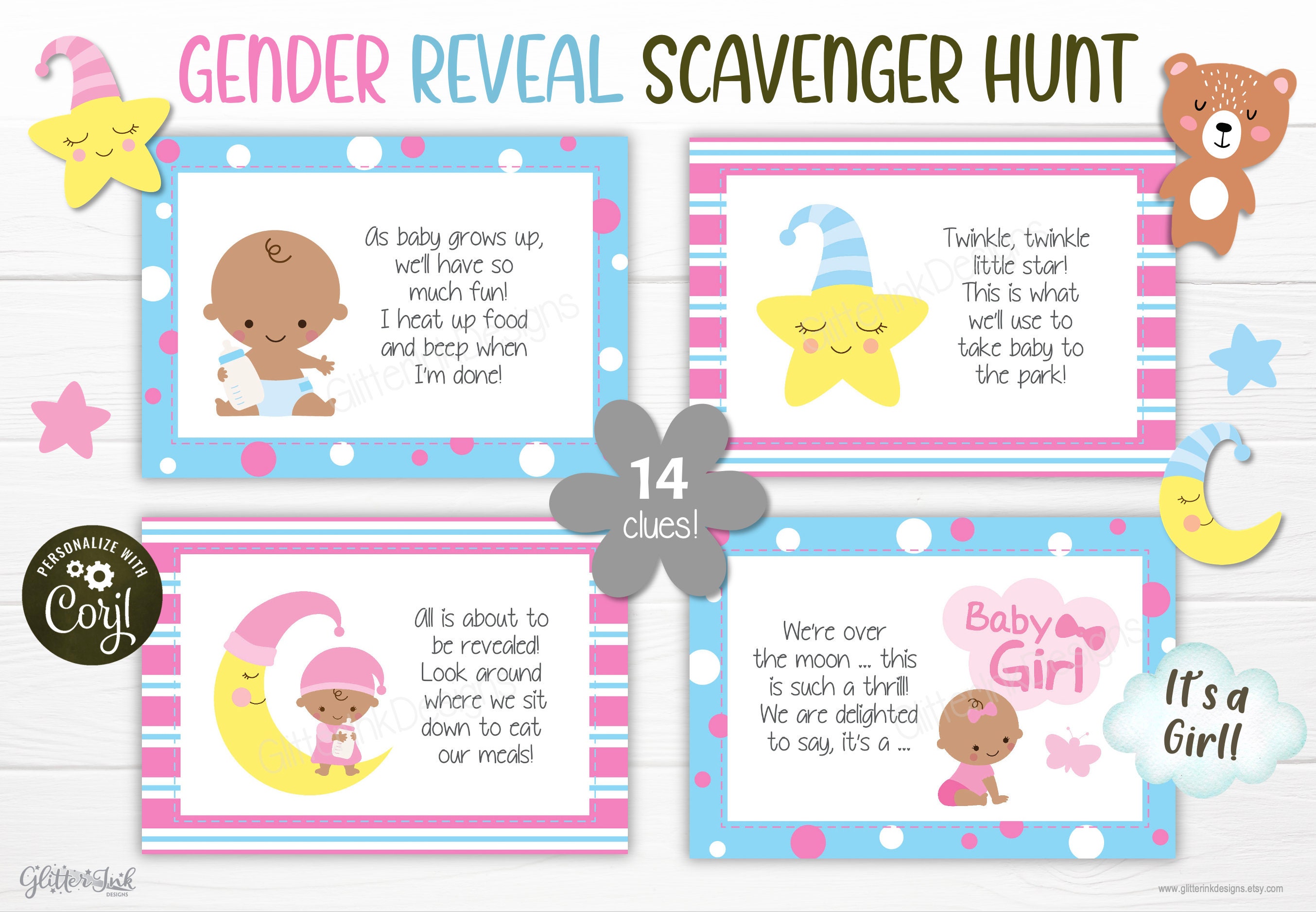 Gender Reveal Scavenger Hunt Clue Cards for Baby Shower Party Games ...