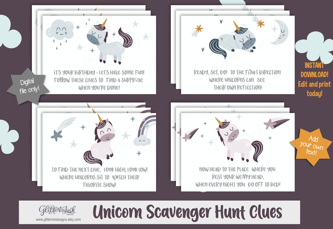 Unicorn Scavenger Hunt Clue Cards / Unicorn Birthday Scavenger | Etsy