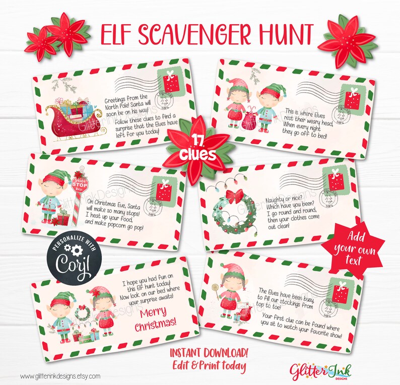 Editable Elf Letter and Scavenger Hunt Clue Cards / Christmas Elves ...