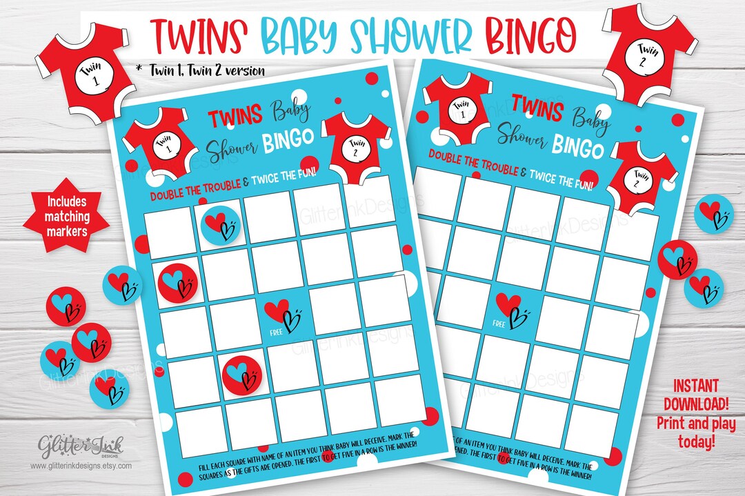 Twins Baby Shower Bingo Cards With Markers / Twin Girls Boys Printable ...