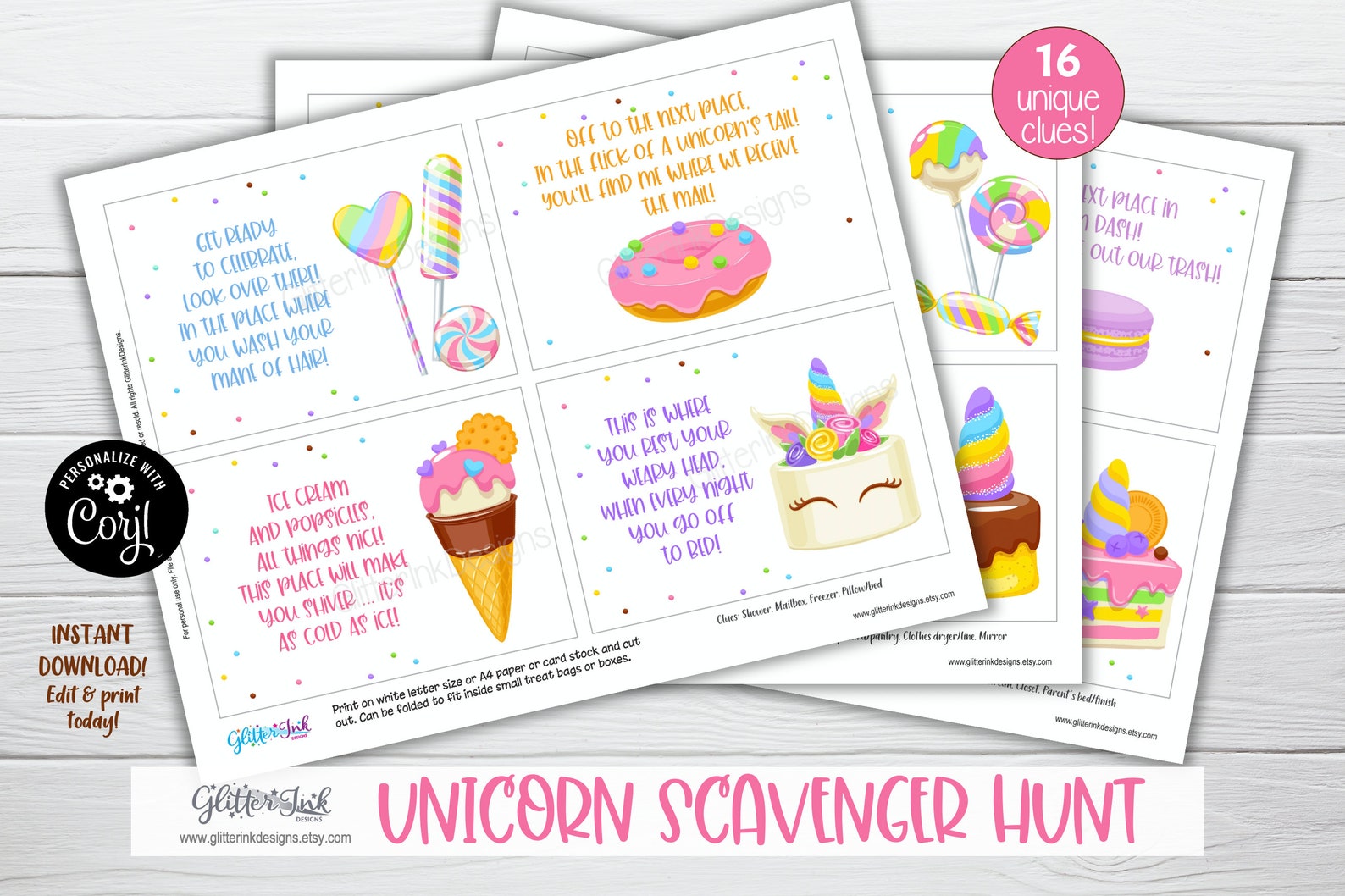 Unicorn Scavenger Hunt Clue Cards / Unicorn Sweets Treasure Hunt Clues ...
