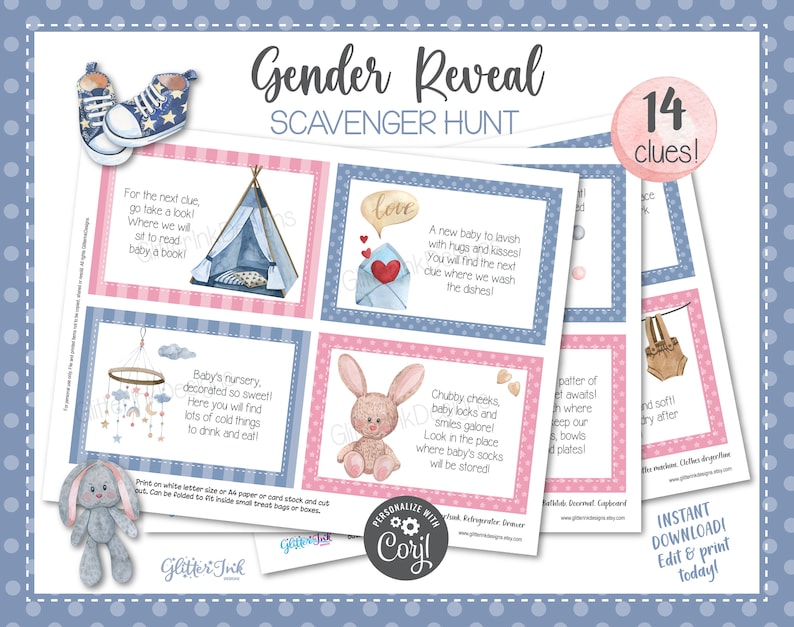 Gender Reveal Scavenger Hunt Clue Cards for Baby Shower Party Games ...