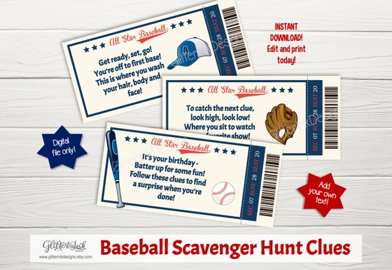 Baseball scavenger hunt clue cards / Baseball treasure hunt clues ...