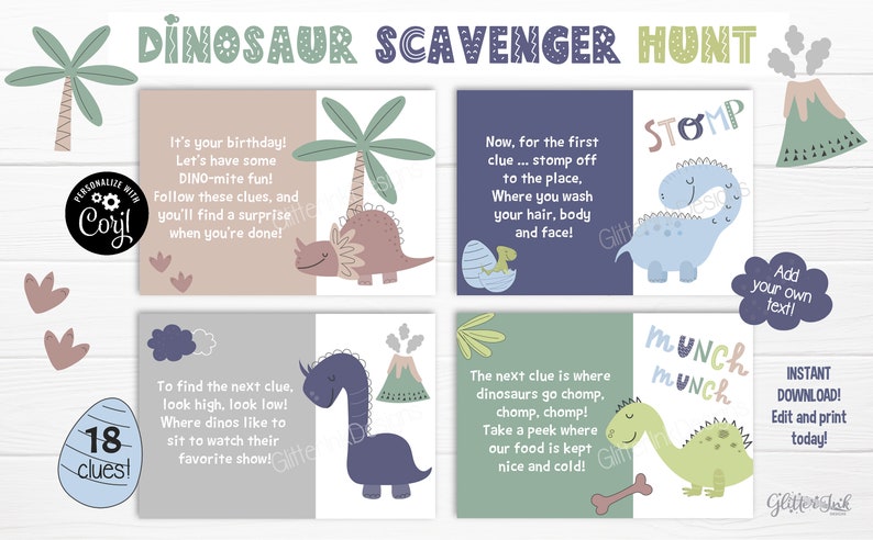 Dinosaur Scavenger Hunt Printable Clue Cards, Dinosaur Adventure Kids ...