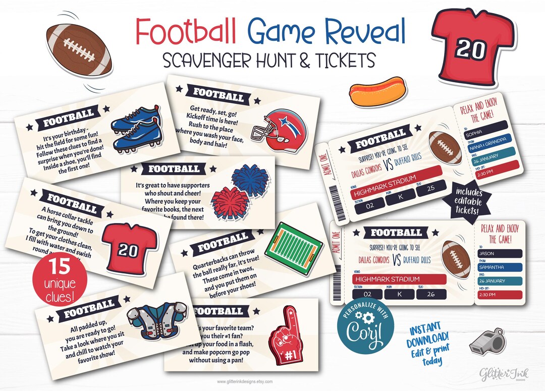 American Football Scavenger Hunt & Printable Tickets, Super Bowl Party ...