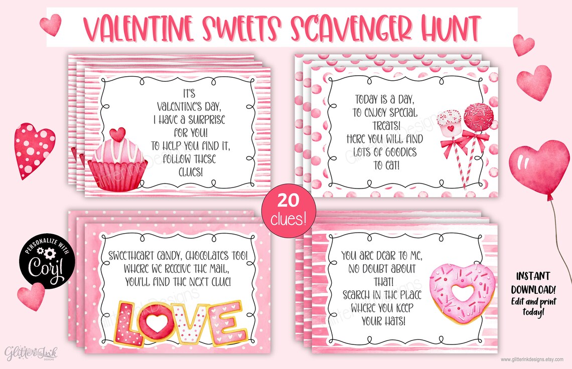 Valentine's Day Scavenger Hunt Clue Cards / Valentines Day Treasure ...