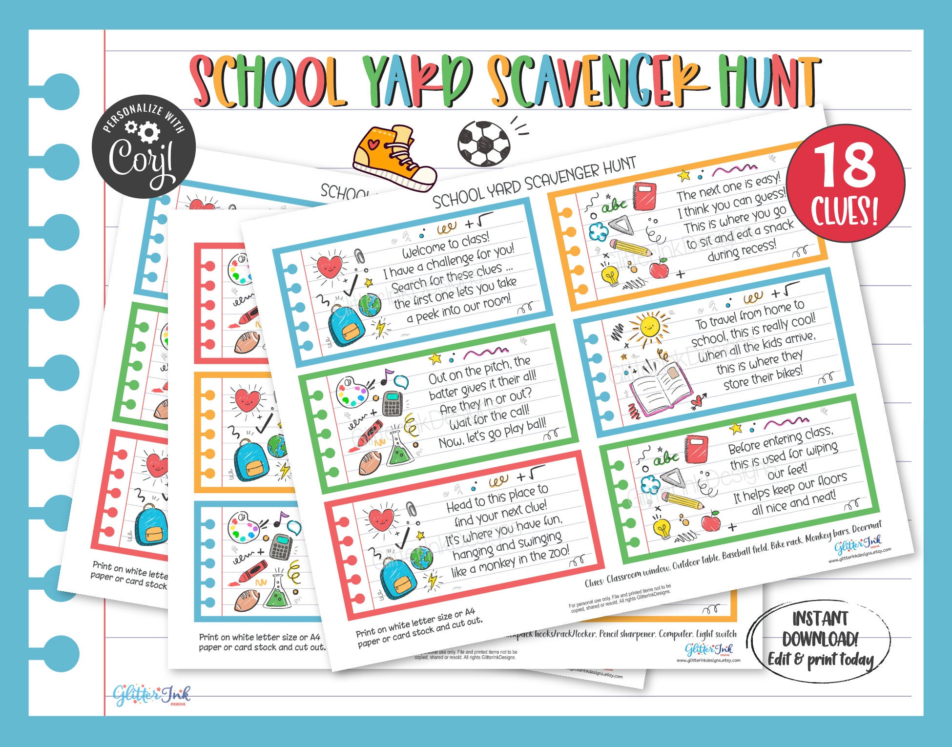 School Yard Outdoor Playground Scavenger Hunt Rhyming Riddle Clue Cards ...