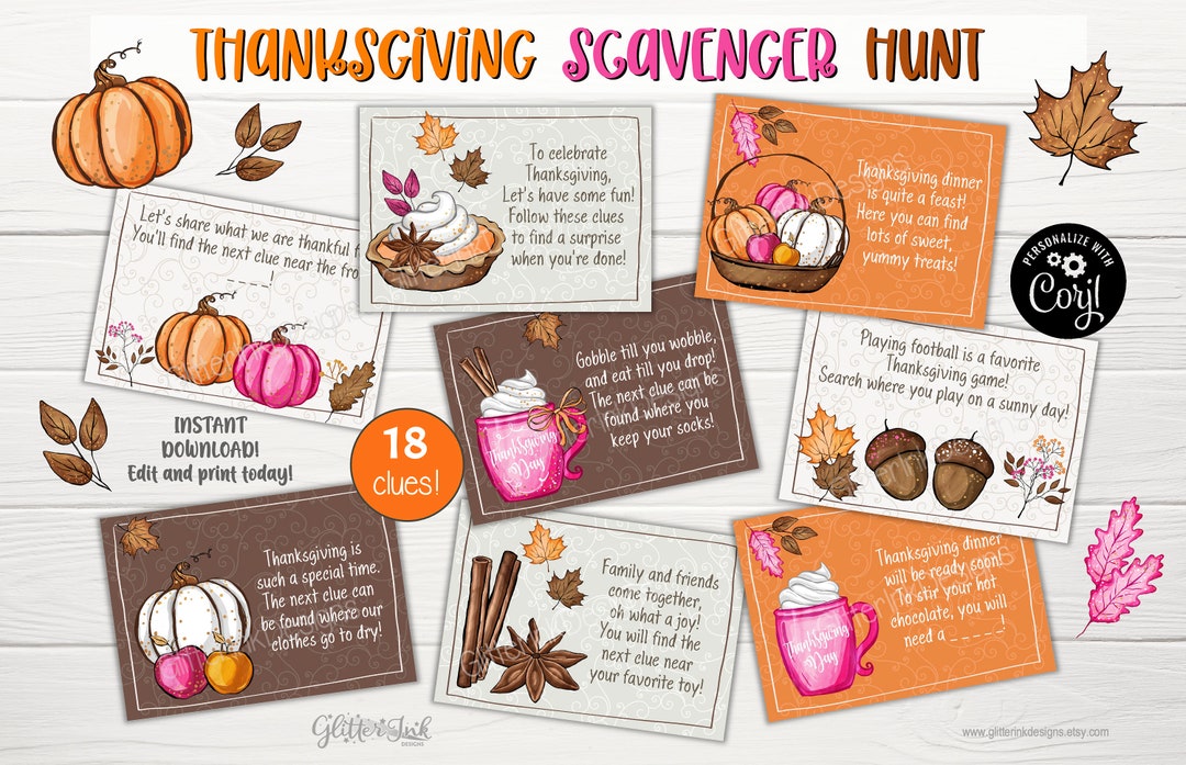 Thanksgiving Scavenger Hunt / Thanksgiving Treasure Hunt Clues ...